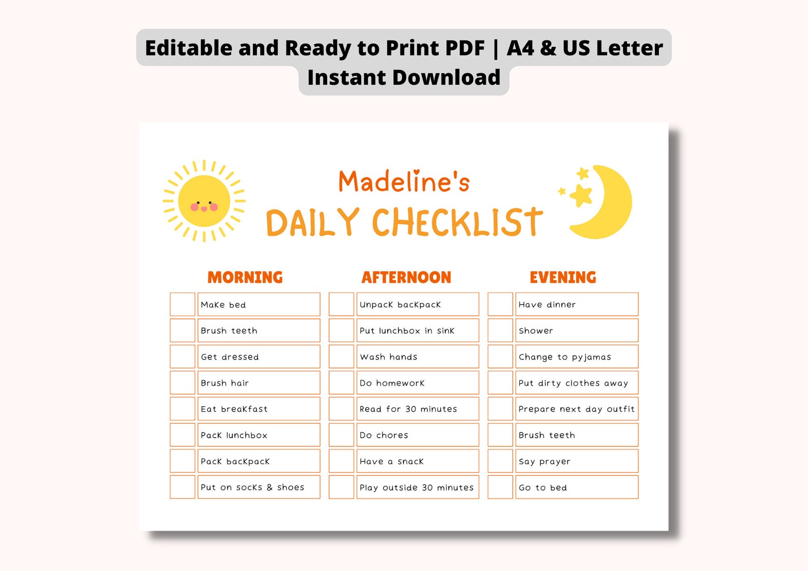 EDITABLE Kids Daily Checklist | Kids Routine Checklist | Daily Routine ...
