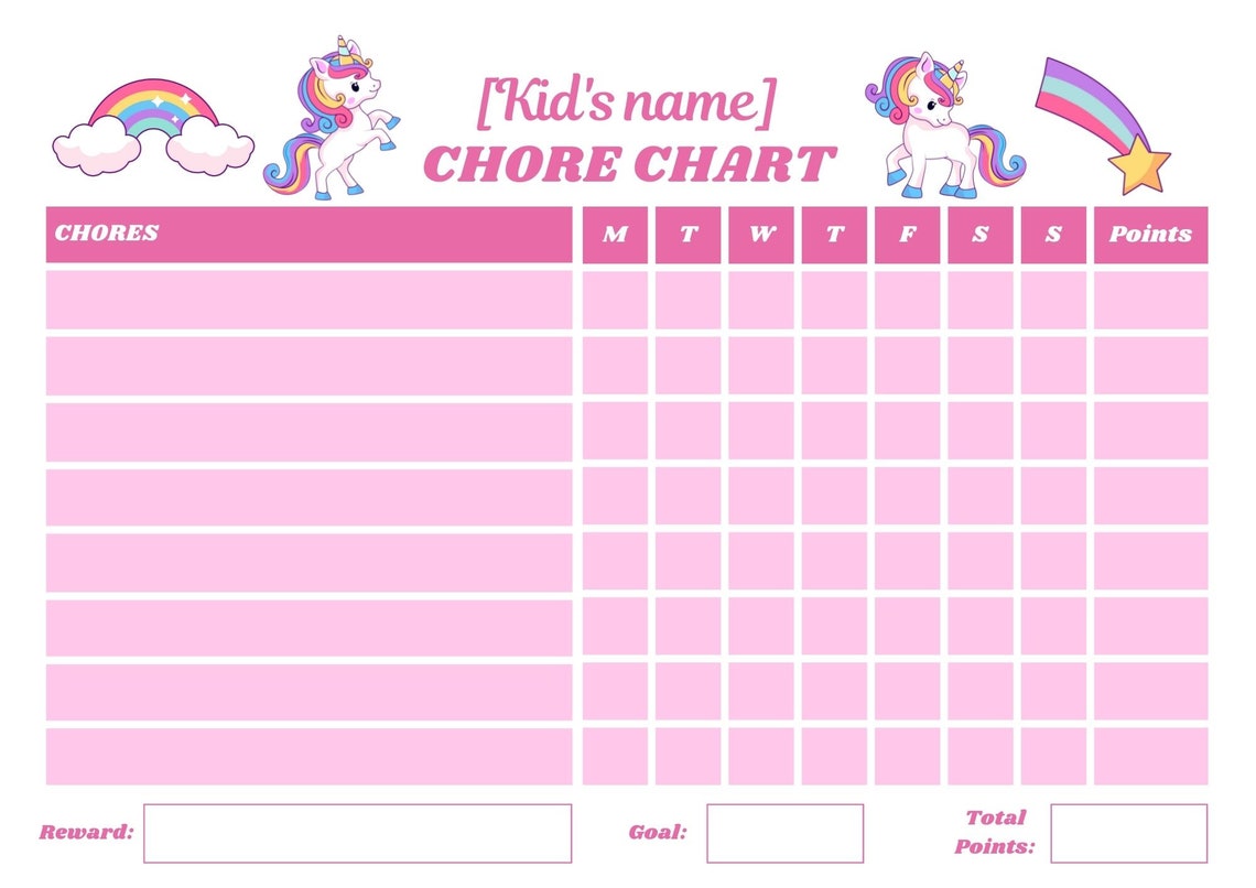 EDITABLE Kids Daily Chore Chart With Reward Points System Unicorns ...