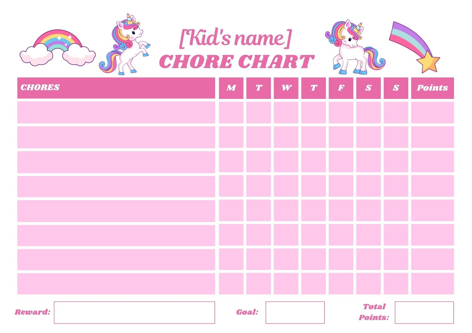 EDITABLE Kids Daily Chore Chart With Reward Points System- Unicorns ...