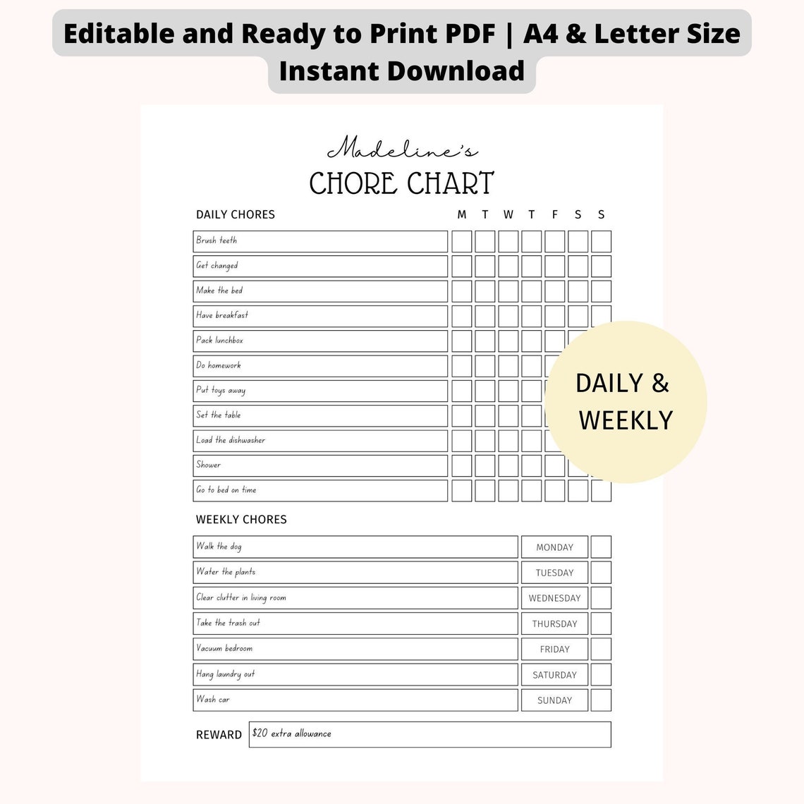 Editable Kids Chore Chart: Daily & Weekly Reward System (printable PDF ...