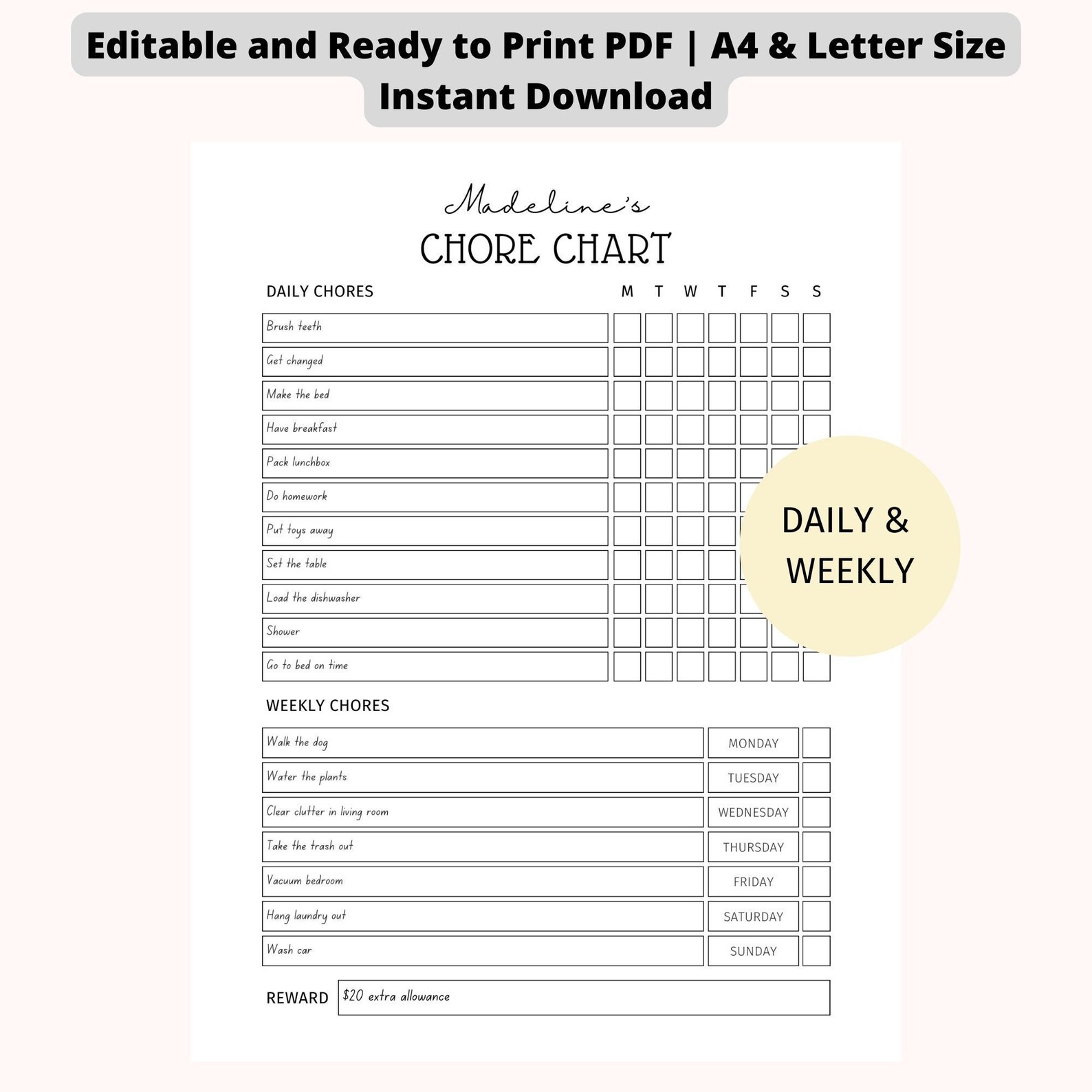 Editable Kids Chore Chart: Daily & Weekly Reward System (printable PDF ...