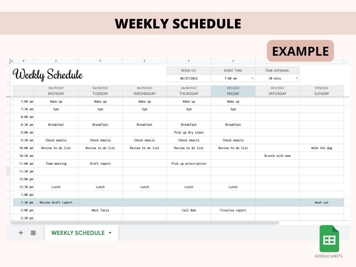 Weekly Schedule Google Sheets Daily Schedule Digital Weekly Schedule ...