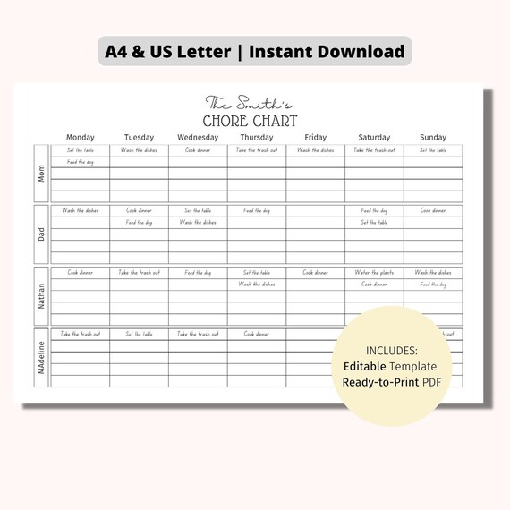 EDITABLE Family Chore Chart Cleaning Schedule - Etsy