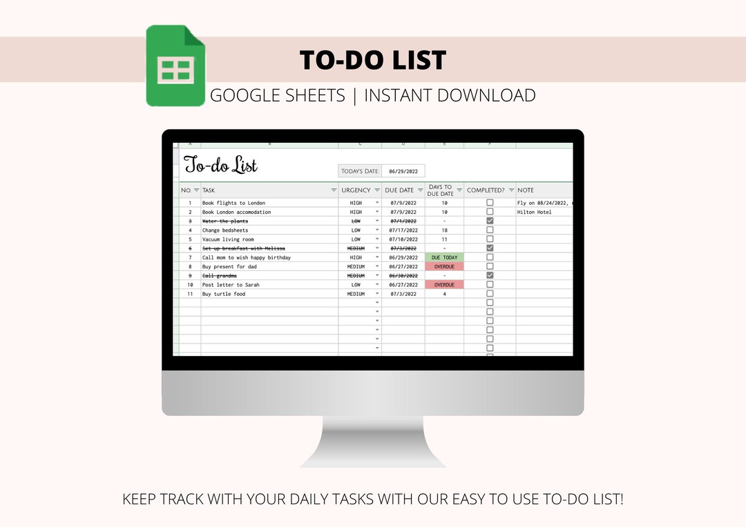 To Do List Google Sheets | Task Planner | Editable to Do List With Due ...