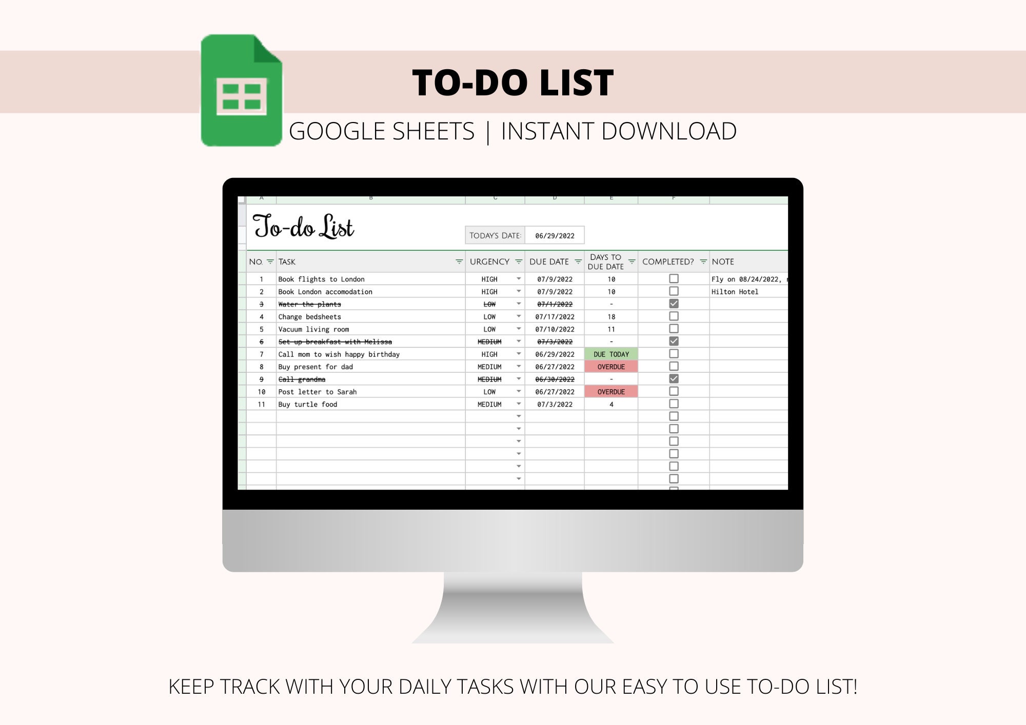 To Do List Google Sheets | Task Planner | Editable to Do List With Due ...