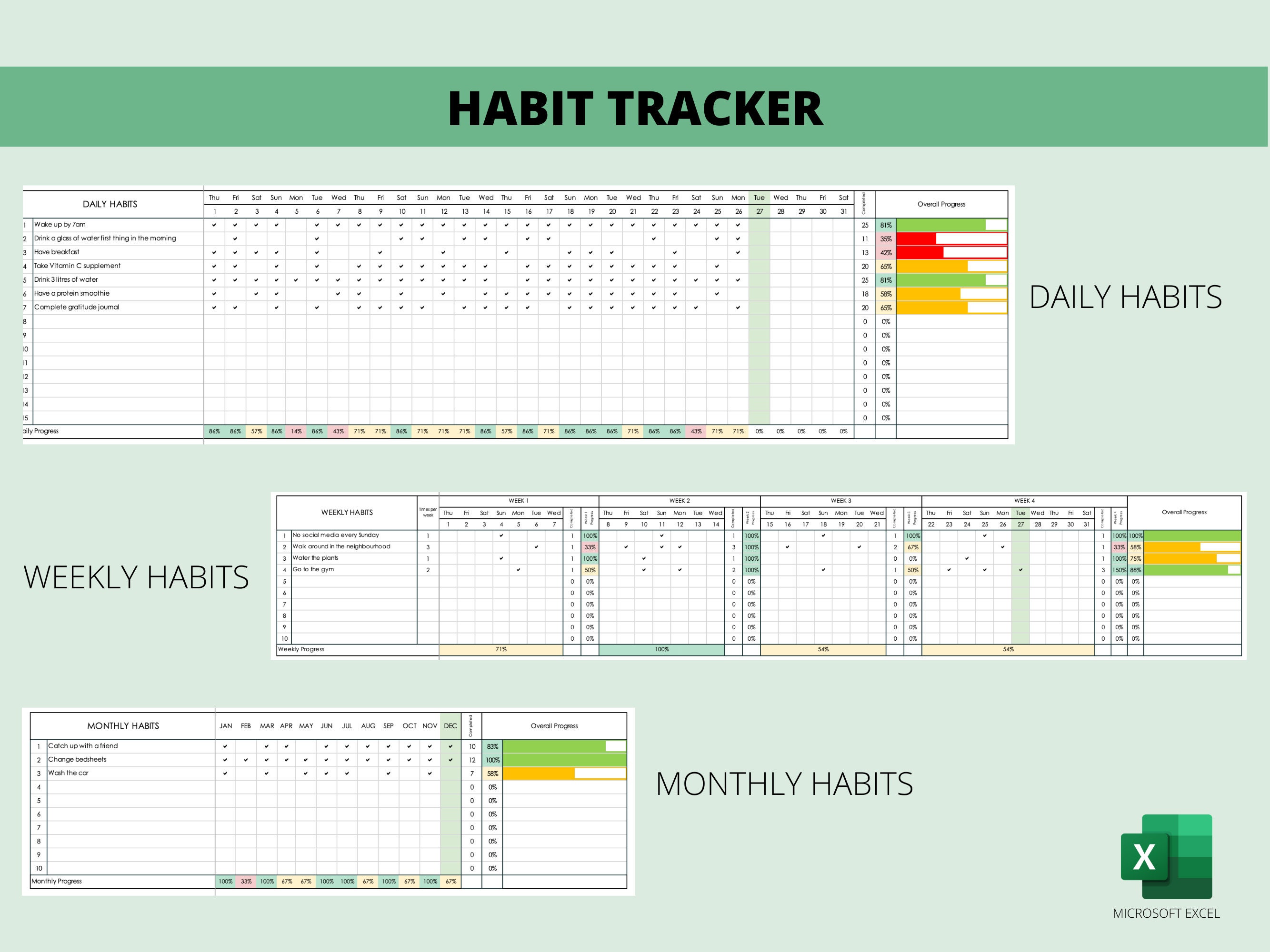 Habit Tracker Excel Spreadsheet Daily Habit Tracker Weekly Habit ...