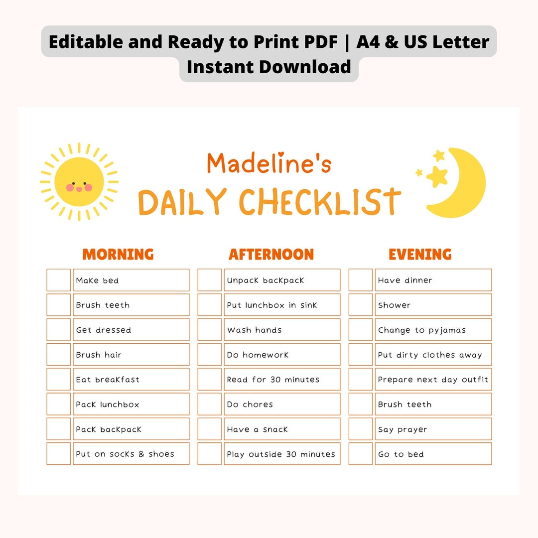 EDITABLE Kids Daily Checklist Kids Routine Checklist Daily - Etsy