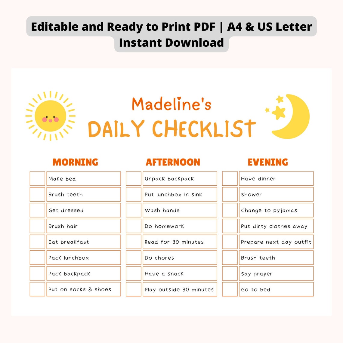 EDITABLE Kids Daily Checklist Kids Routine Checklist Daily - Etsy