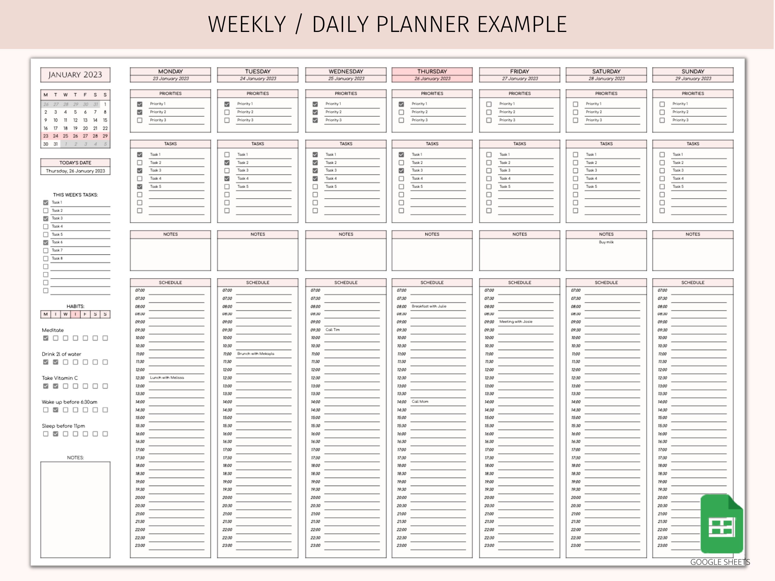 Monthly & Weekly Calendar Planner Google Sheets Spreadsheet | Automated ...