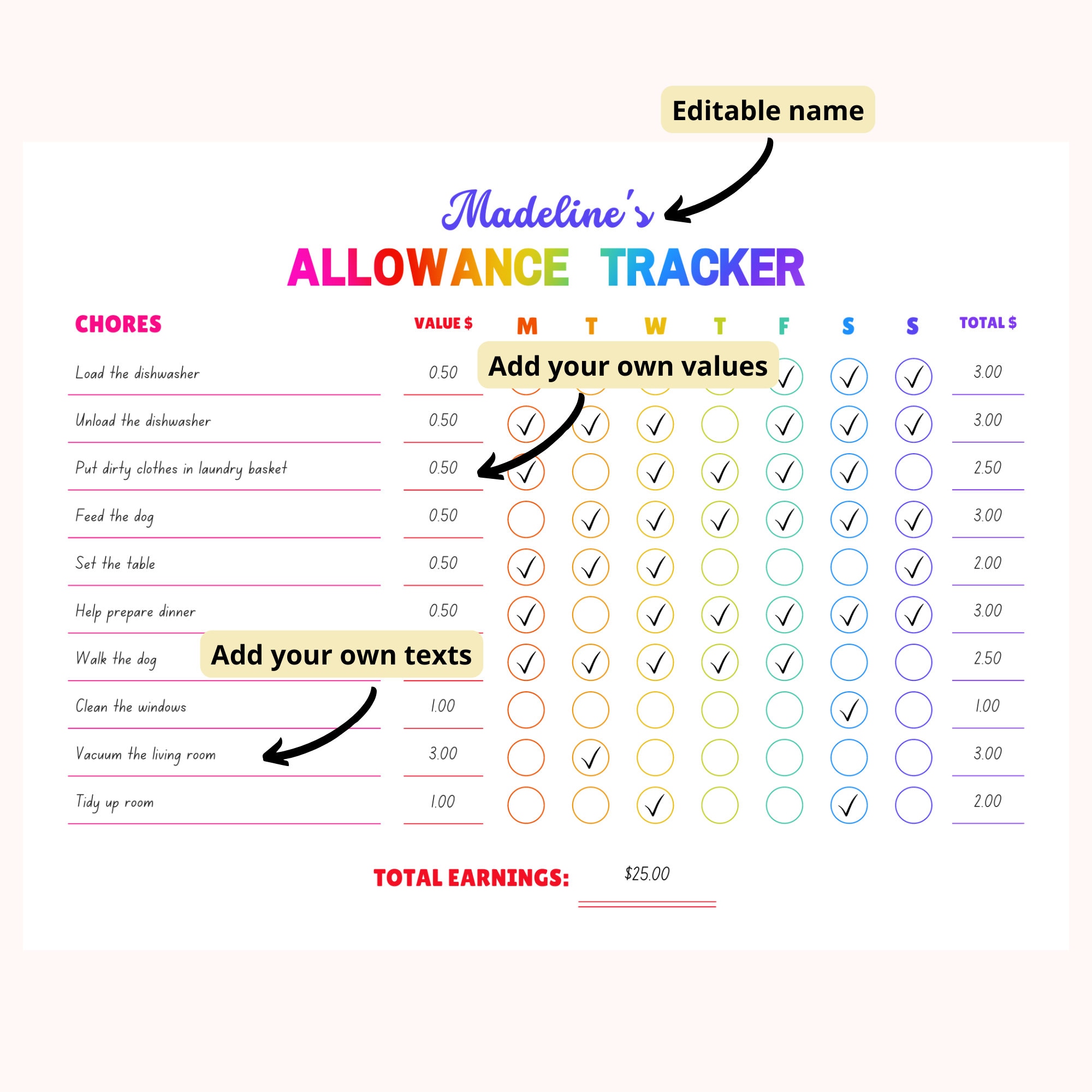 EDITABLE Allowance Chore Chart - Rainbow | Allowance Tracker | Editable ...