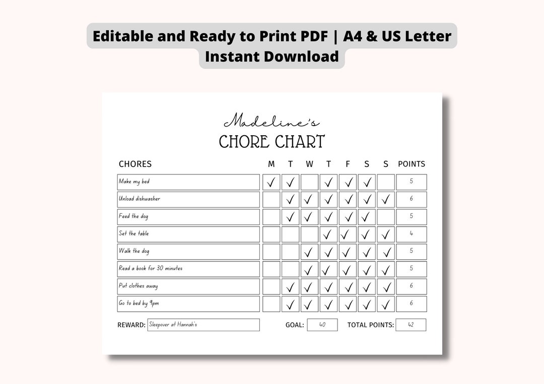 EDITABLE Daily Chore Chart With Reward Points System - Minimalist ...