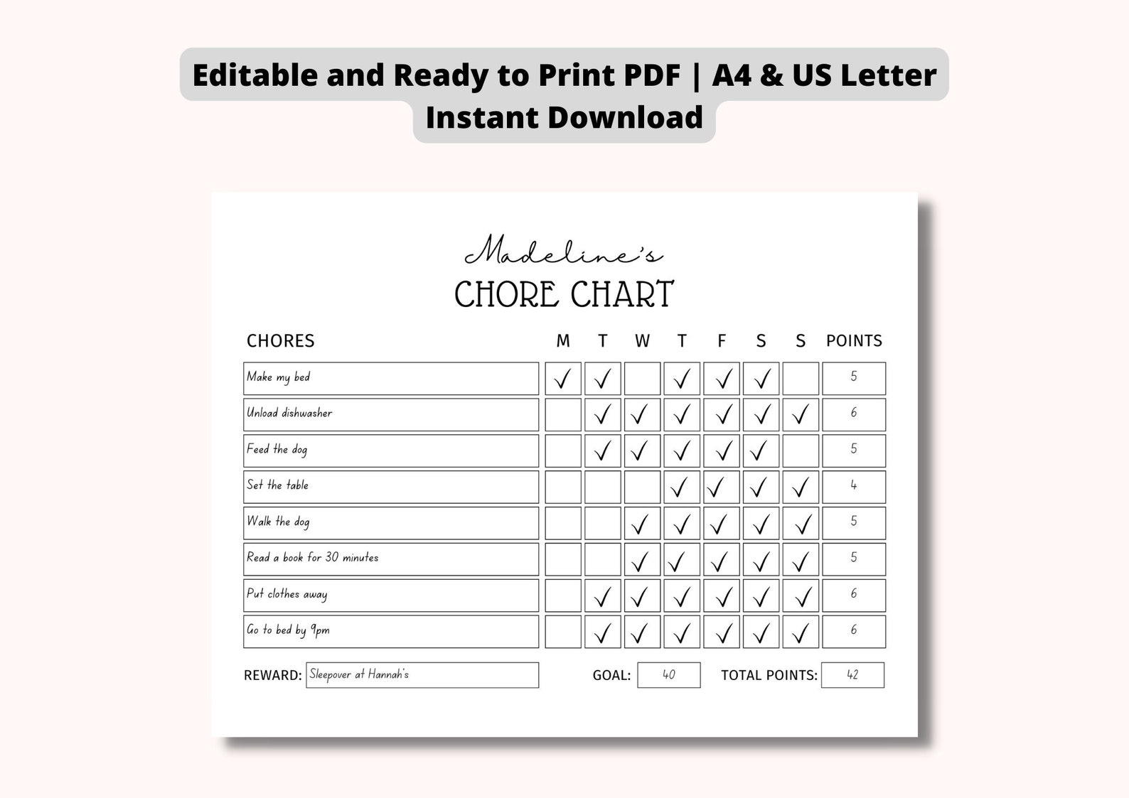 EDITABLE Daily Chore Chart With Reward Points System - Minimalist ...