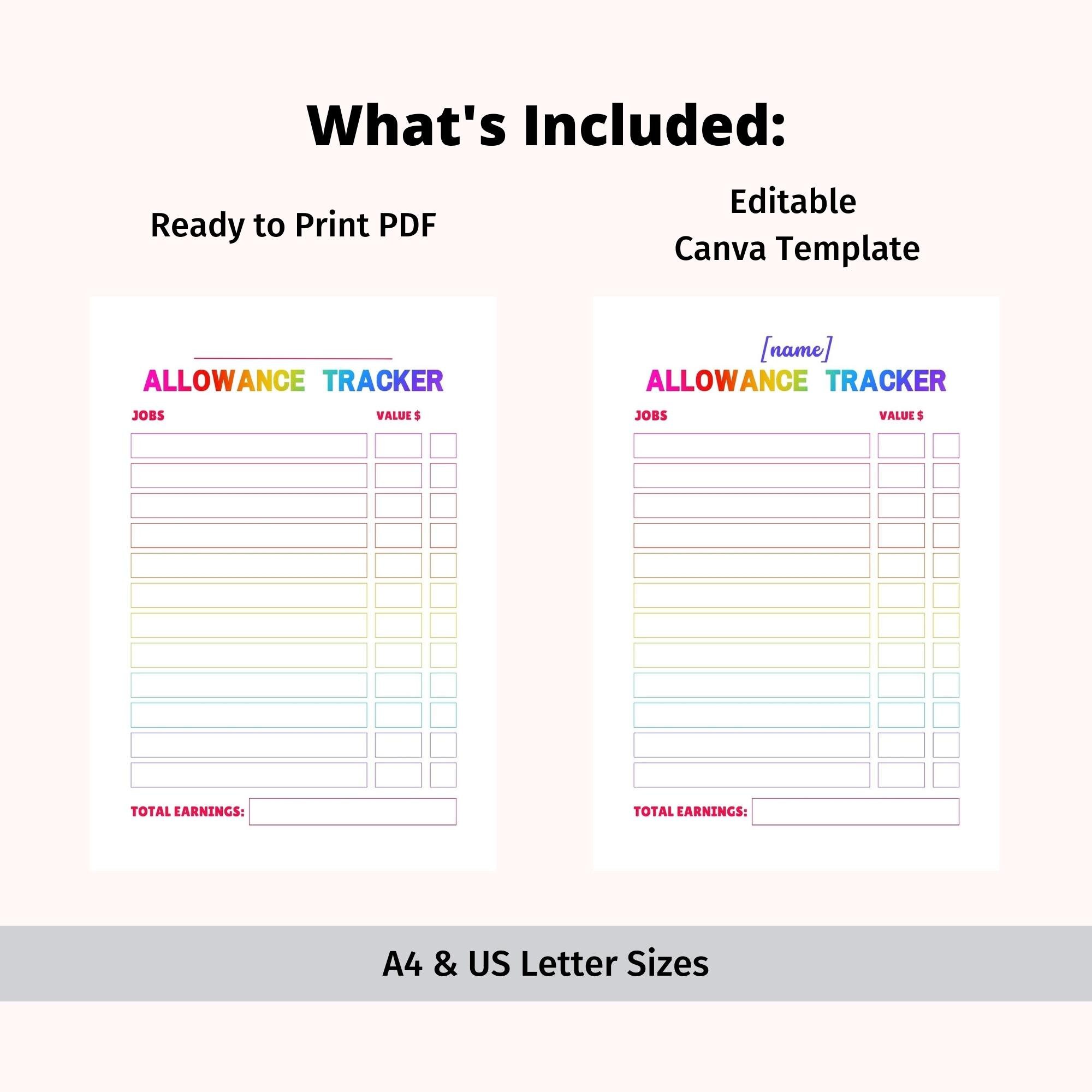 EDITABLE Allowance Chore Chart - Rainbow | Allowance Tracker | Editable ...