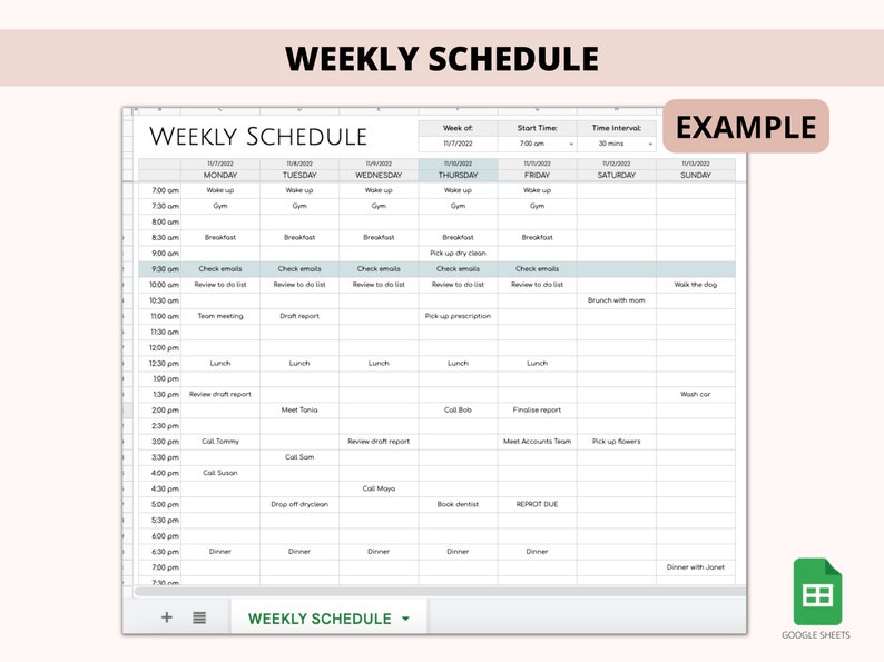 Weekly Schedule Google Sheets Daily Schedule Digital Weekly Schedule ...