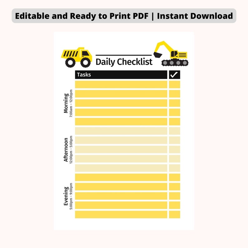 EDITABLE Kids Daily Checklist - Construction Trucks | Kids Routine ...