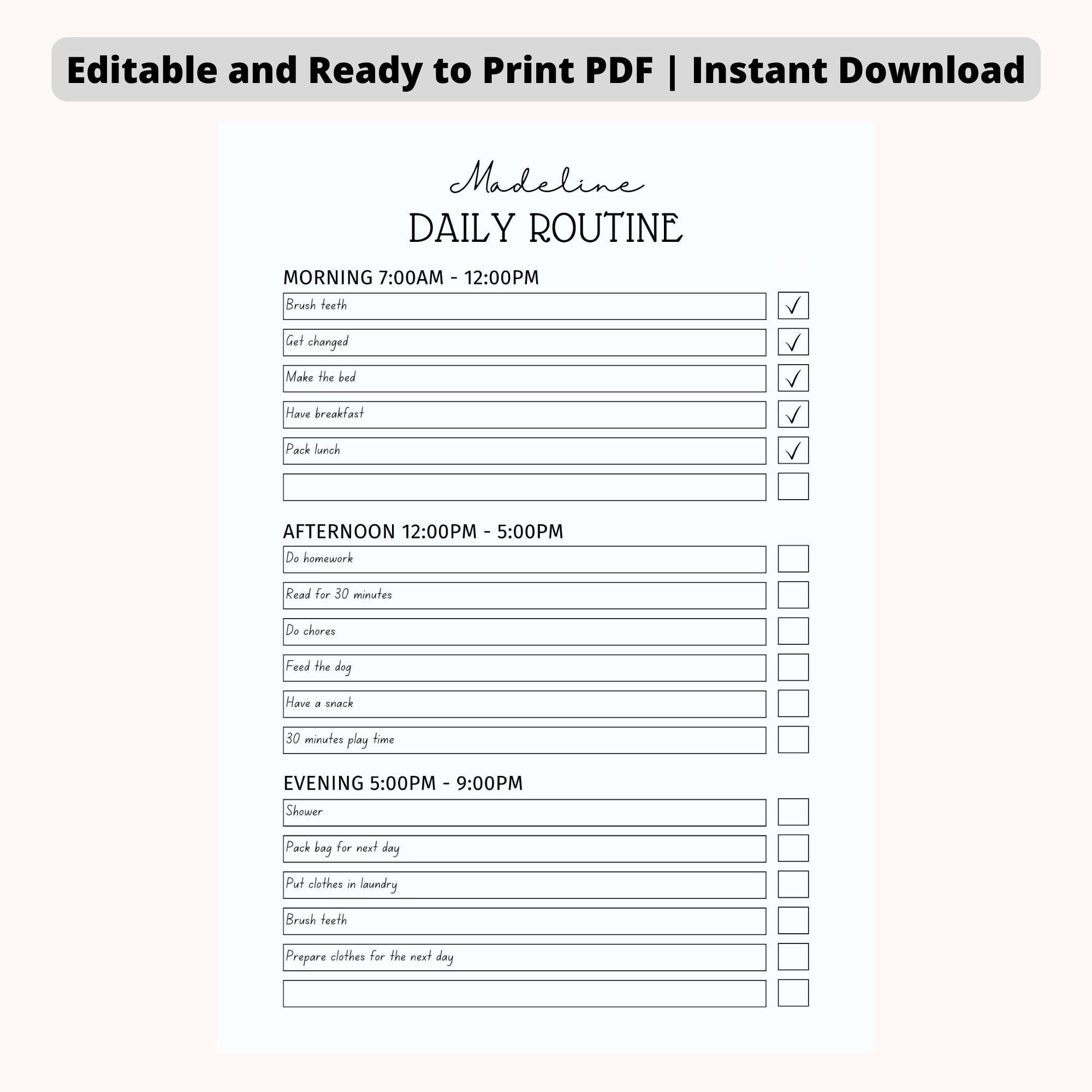 EDITABLE Daily Kids Routine Checklist | Kids Daily Checklist | Morning ...