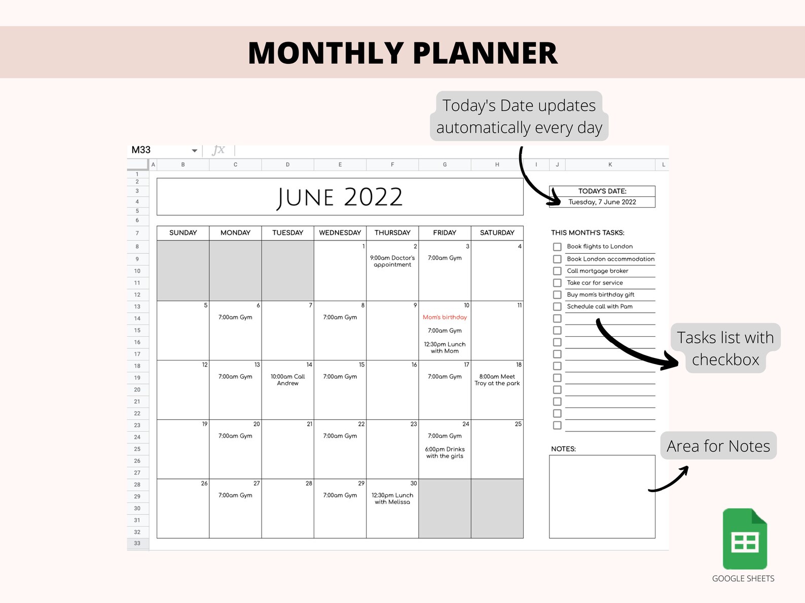 Monthly Calendar Planner | Google Sheets | Automated Calendar | to Do ...
