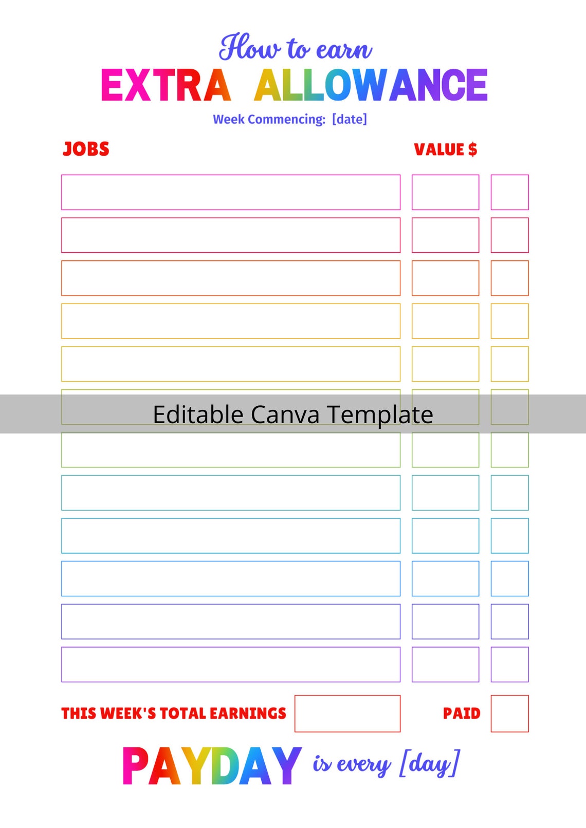 EDITABLE Allowance Chore Chart - Rainbow | How to Earn Money | Editable ...