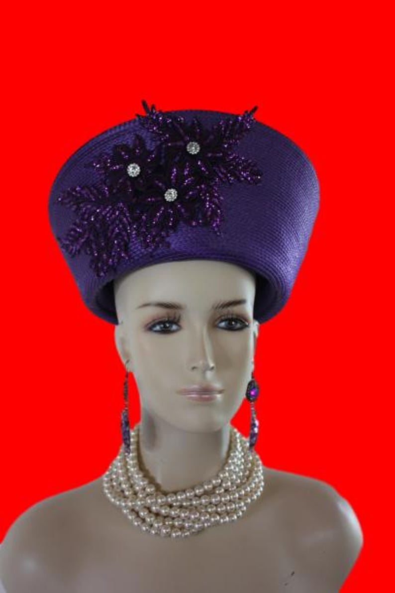 Purple Haute Couture High Crown Nefertiti Style Pillbox Hat, Formal ...