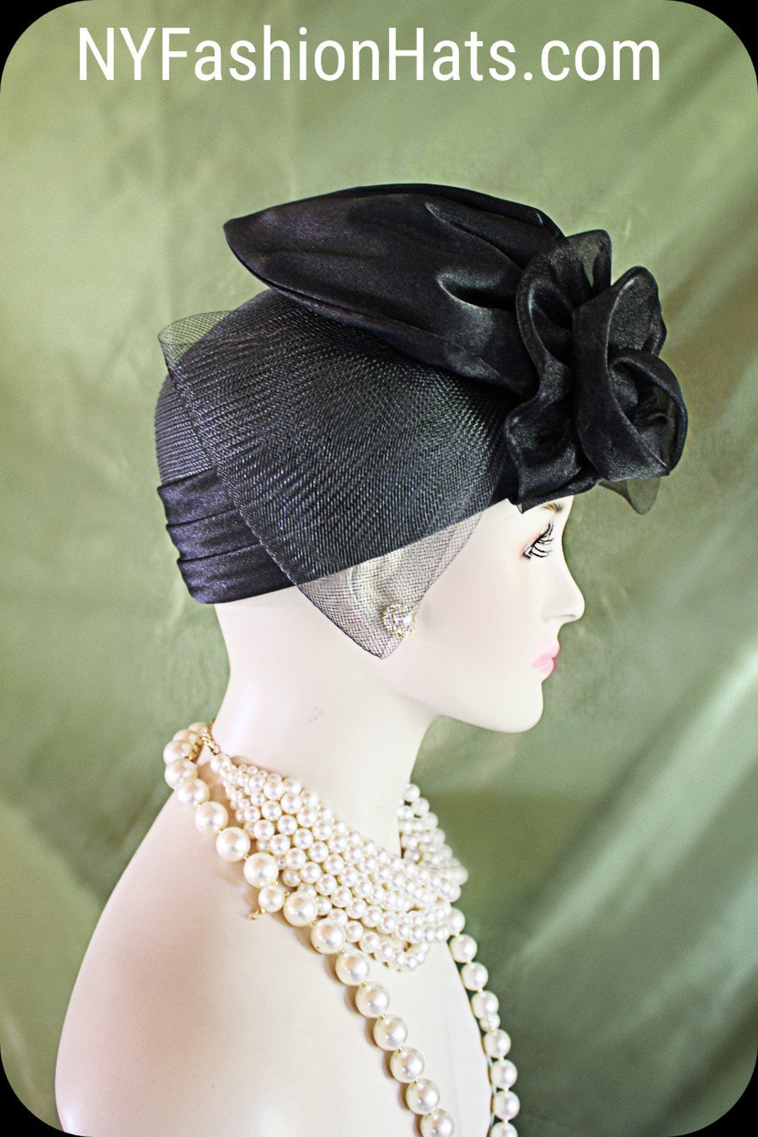 Women's Black Designer Satin Straw Dress Hat, Funeral Hats, Wedding ...