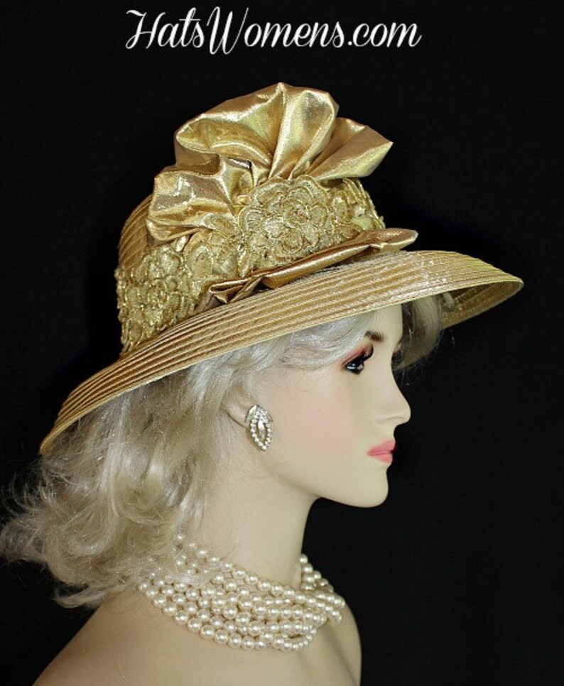 Antique Metallic Gold Satin Designer Fashion Women's Hat Church Wedding ...