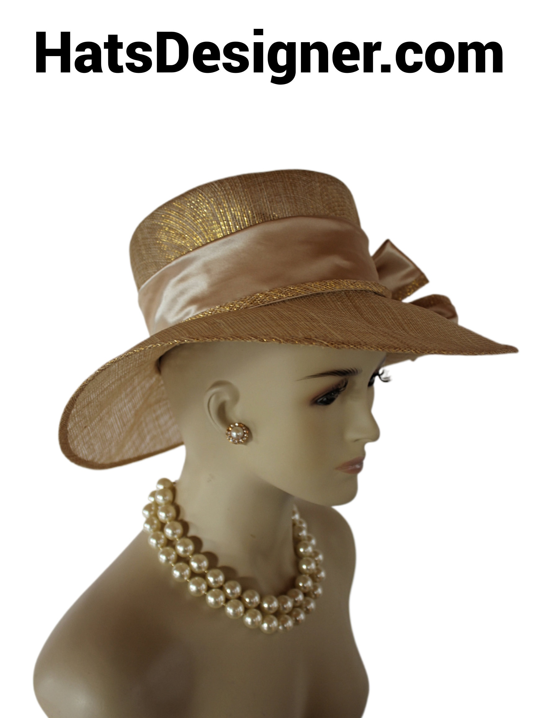 Metallic Gold Beige Sinamay Straw Satin Hat Women, Formal Wedding Dress ...