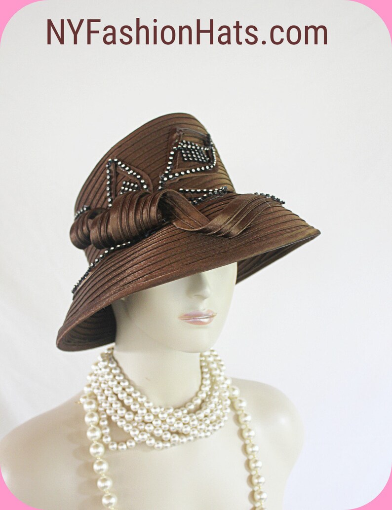 Women's Couture Satin Brown Black Slant Abstract Brim Hat, Formal ...