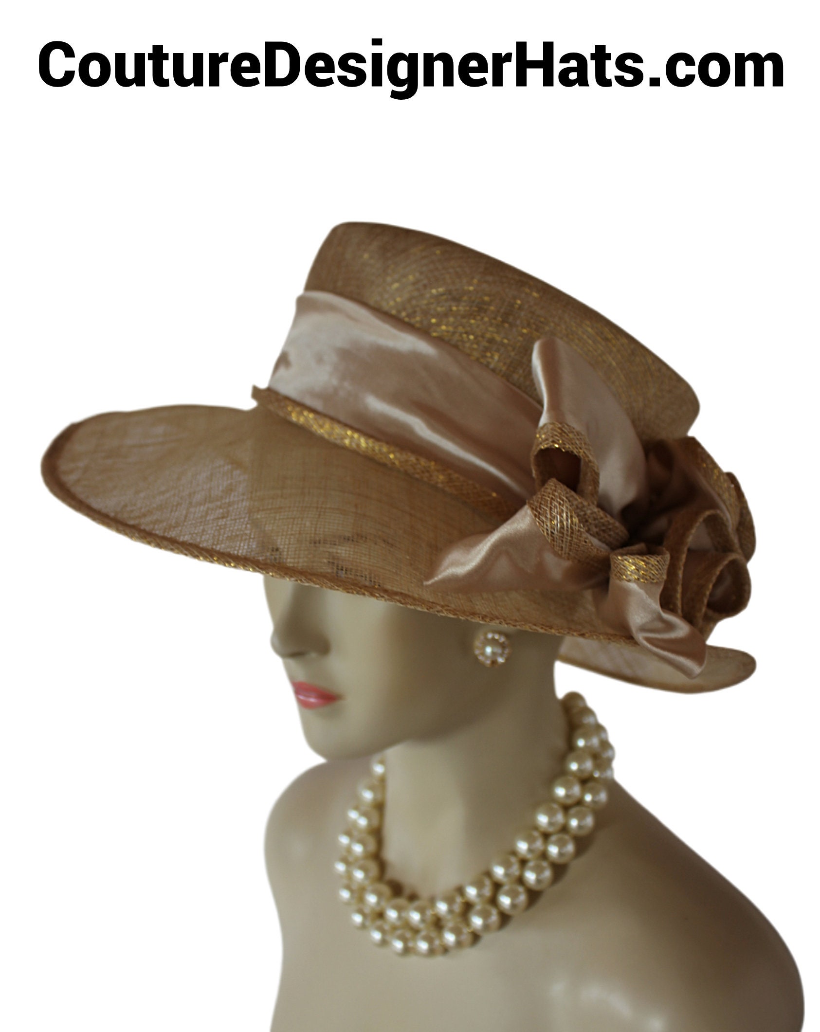 Metallic Gold Beige Sinamay Straw Satin Hat Women, Formal Wedding Dress ...