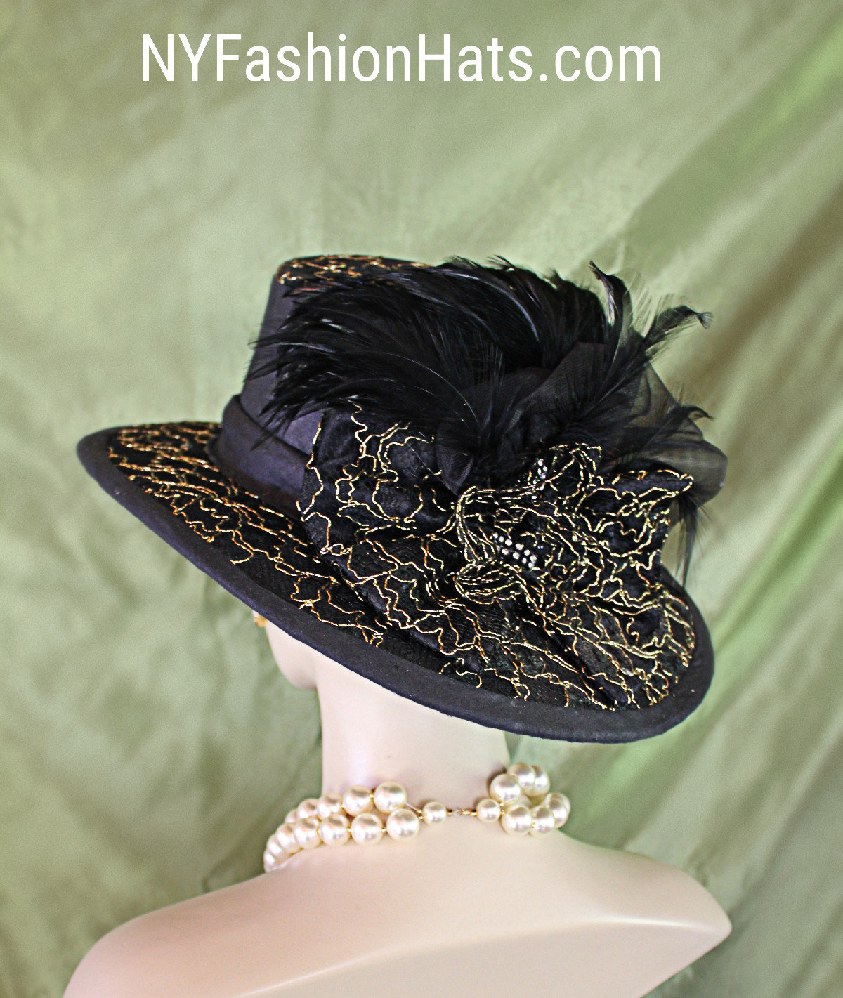 Women's Haute Couture Designer Hat, Black Metallic Gold Pink Brim Hat ...