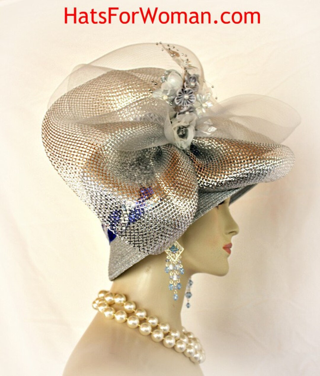 Luxury Designer Hats for Women, Metallic Silver Grey Royal Blue Hat ...