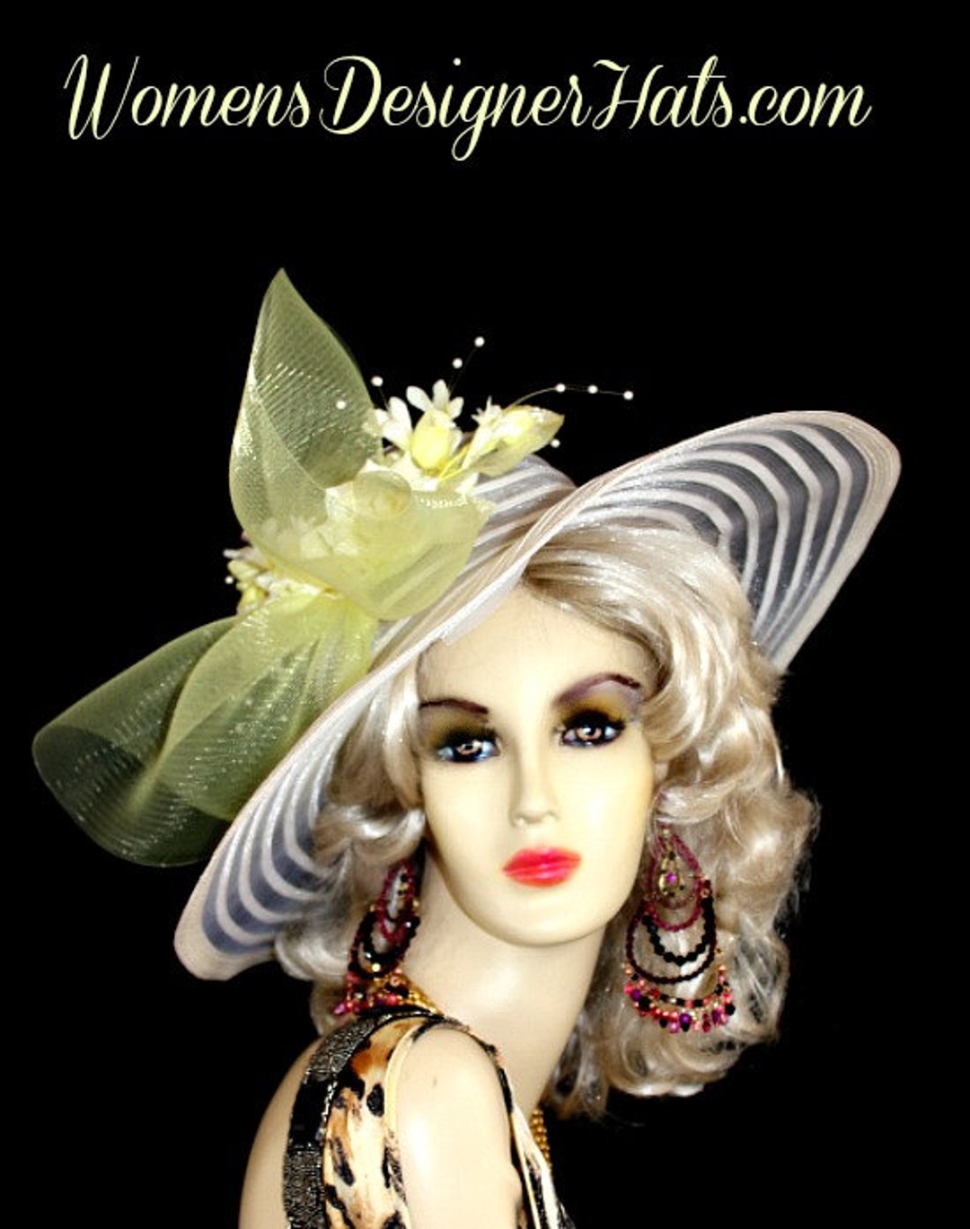 Women's White Sheer Big Brim Dress Hat Yellow Flowers Roses, Hats for ...