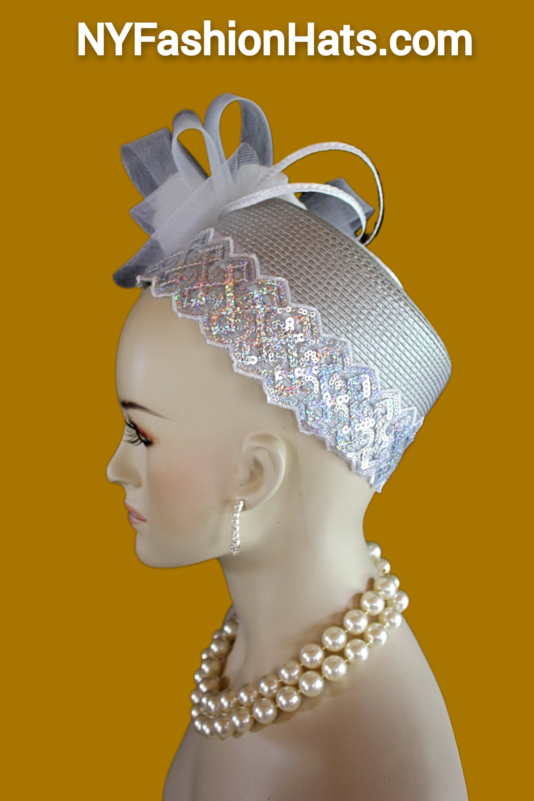 Grey Metallic Silver White Pillbox Cocktail Hat, Wedding Bridal ...