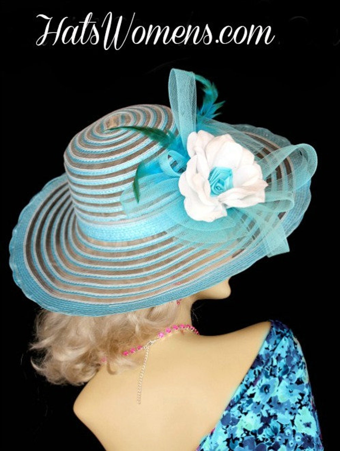 Turquoise Blue White Fashion Hat, Ladies Sheer Brim Church Hat, Mother ...