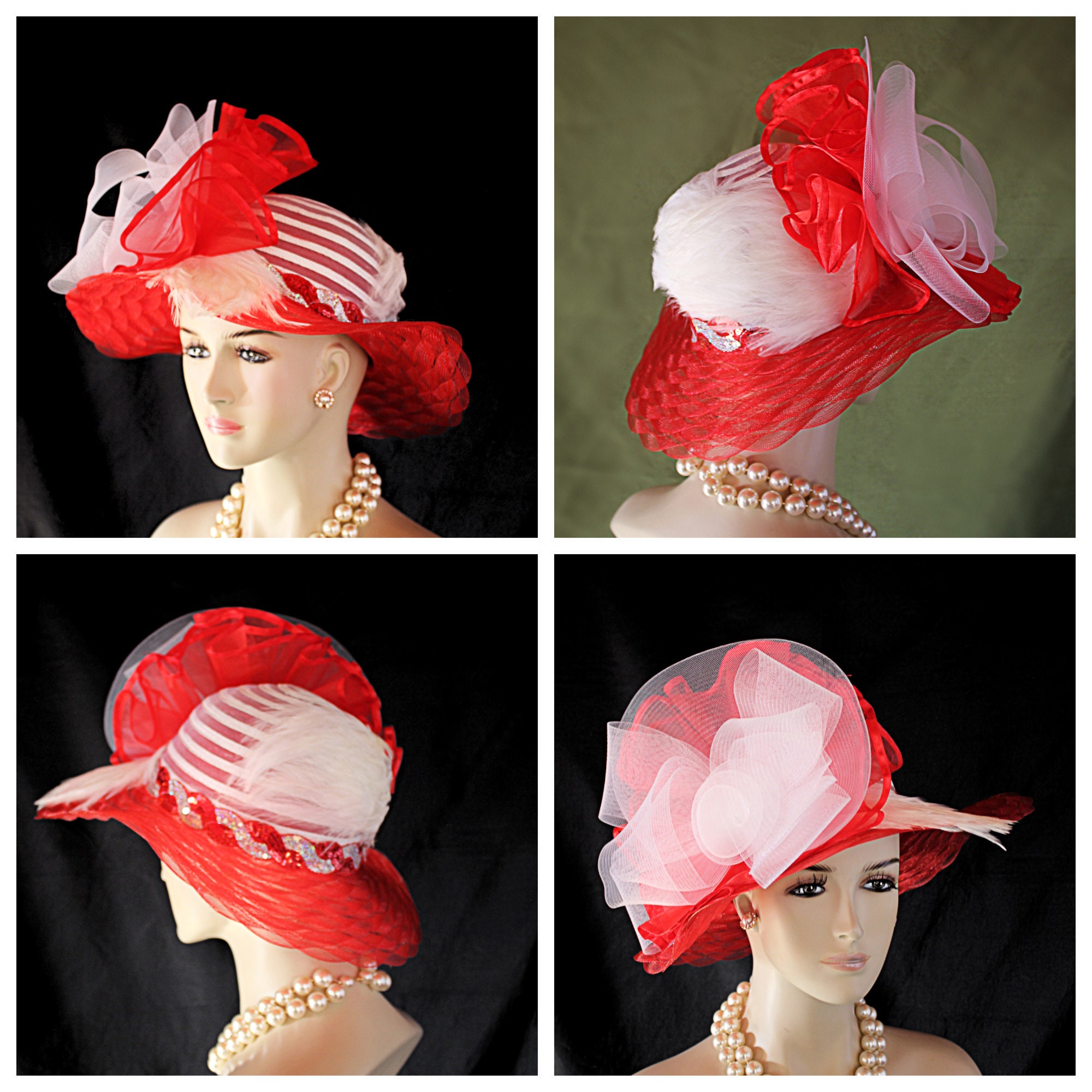 Haute Couture Red White Designer Luxury Hat, Women's Fashion Hat, Hats ...
