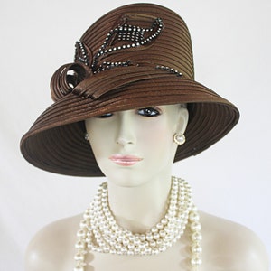 Women's Couture Satin Brown Black Slant Abstract Brim Hat, Formal ...