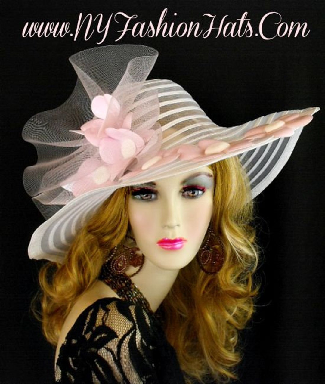 Haute Couture White Sheer Big Brim Hat, Pink Patent Leather Flowers ...