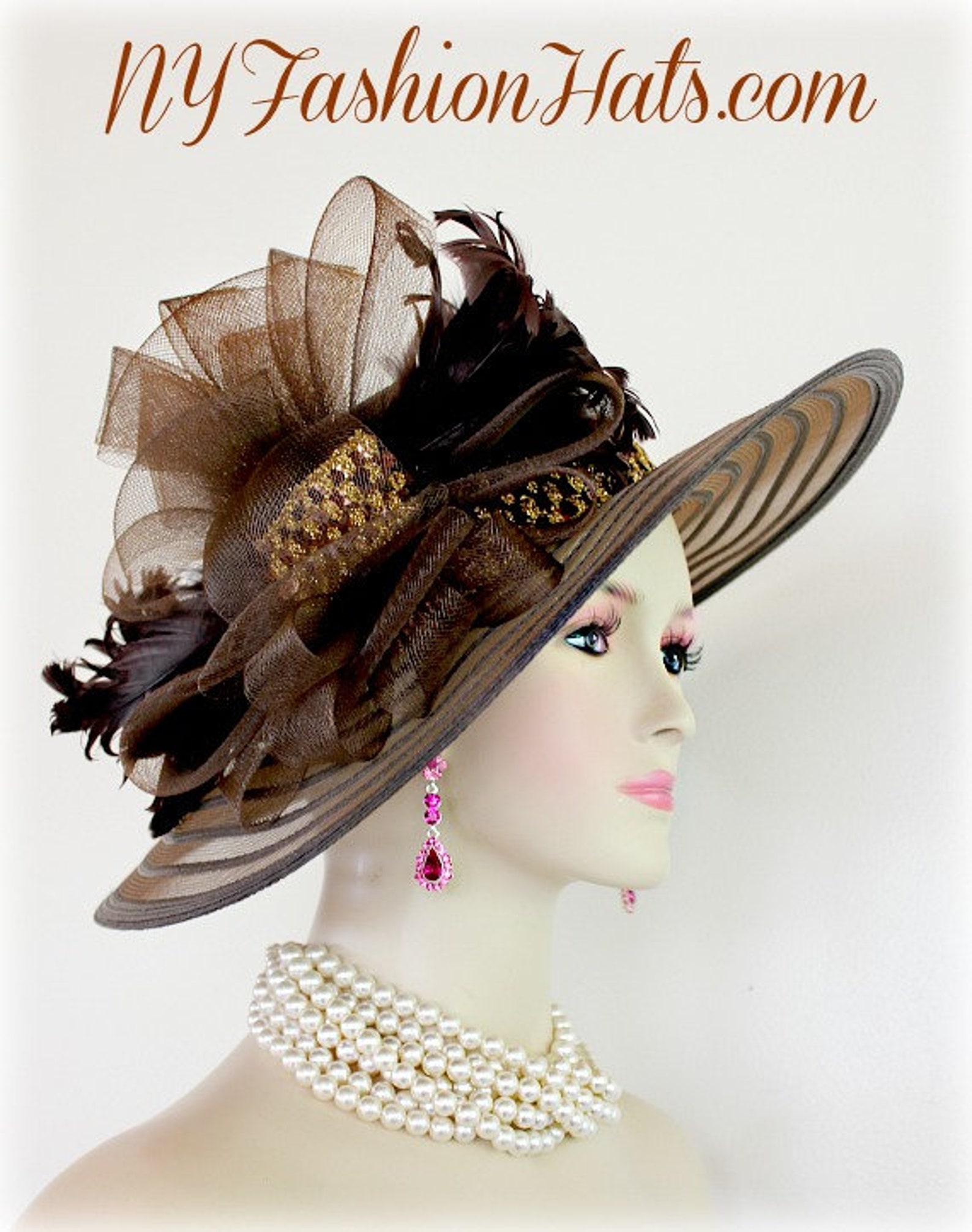 Women's Brown Gold Avant Garde Haute Couture Wide Sheer Brimmed ...