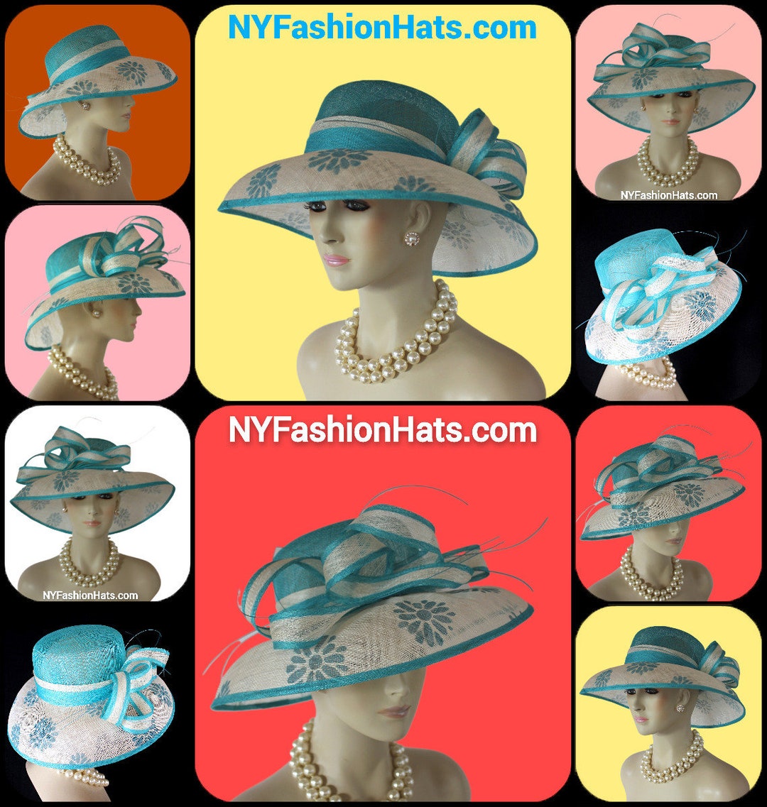 Turquoise Blue Beige Sinamay Straw Hat Women, Formal Wedding Dress Hat ...