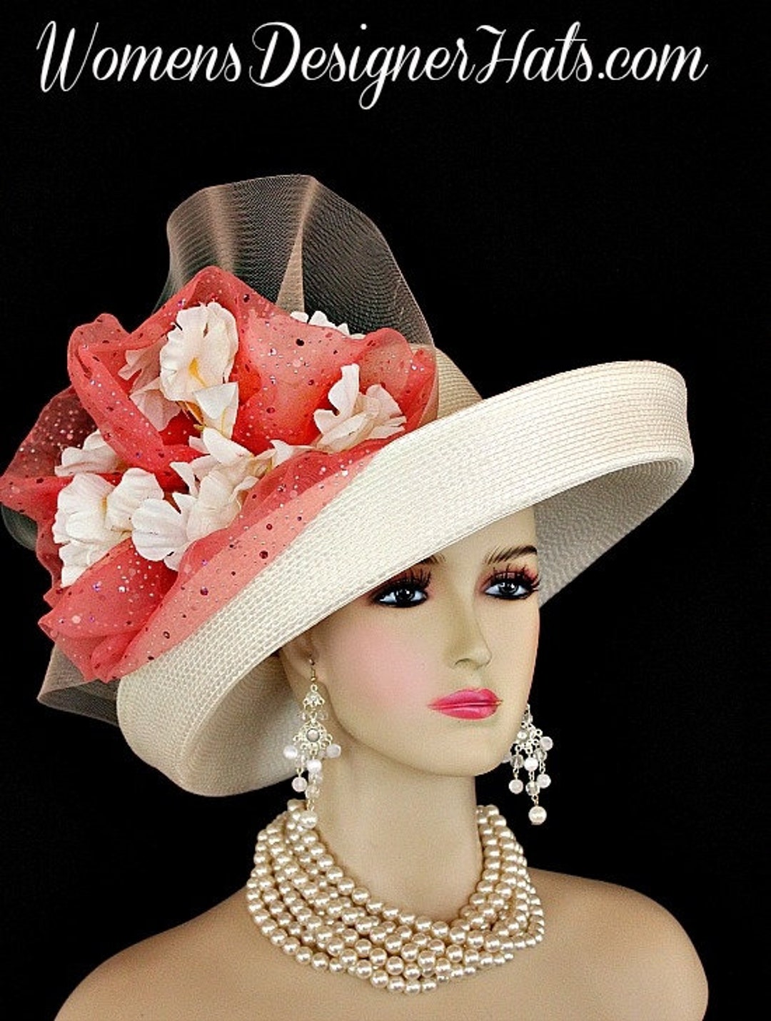 Haute Couture Big Brim Formal Hat, Beige Coral Orange Dress Hat Women ...