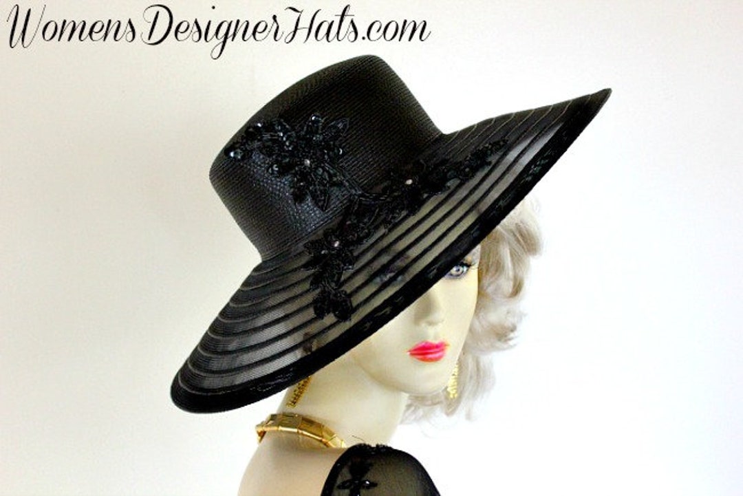 Elegant Black Big Brim Beaded Formal Hat, Couture Designer Hats for ...
