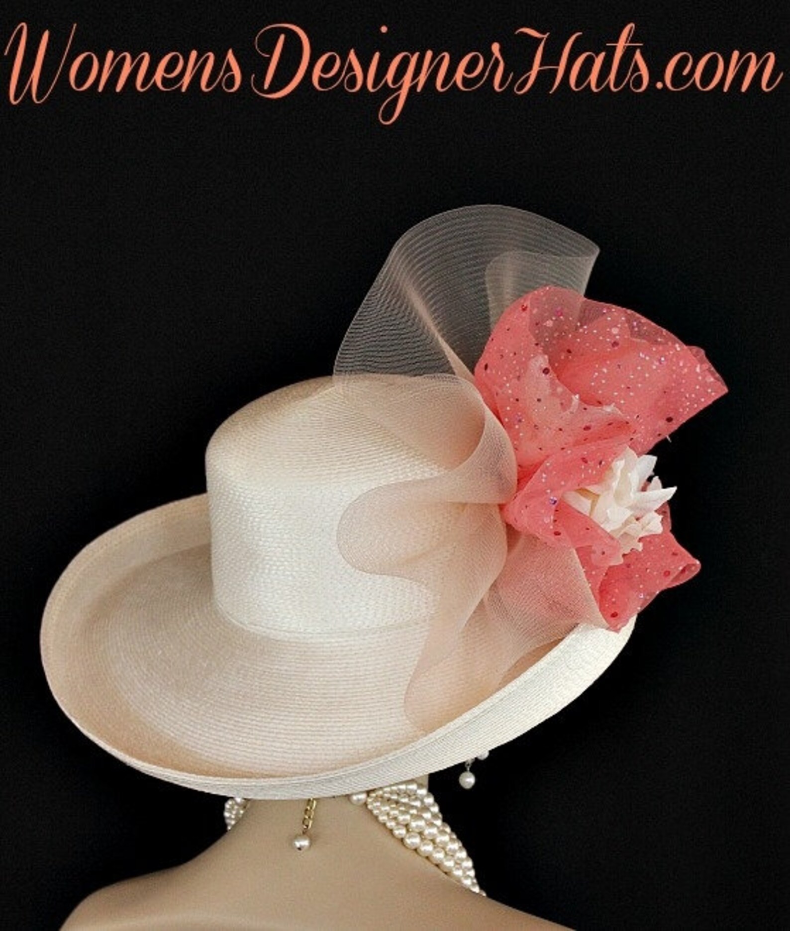 Haute Couture Big Brim Formal Hat, Beige Coral Orange Dress Hat Women ...