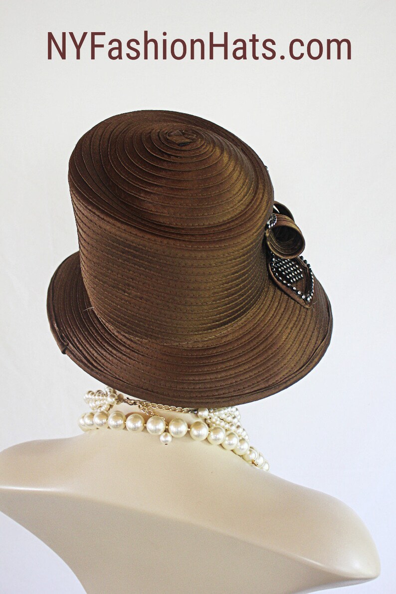 Women's Couture Satin Brown Black Slant Abstract Brim Hat, Formal ...