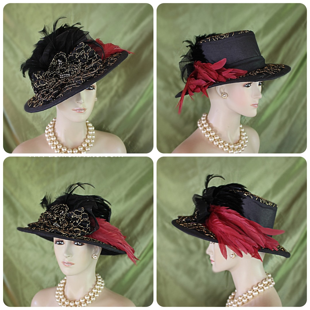 Women's Haute Couture Designer Hat, Black Metallic Gold Pink Brim Hat ...