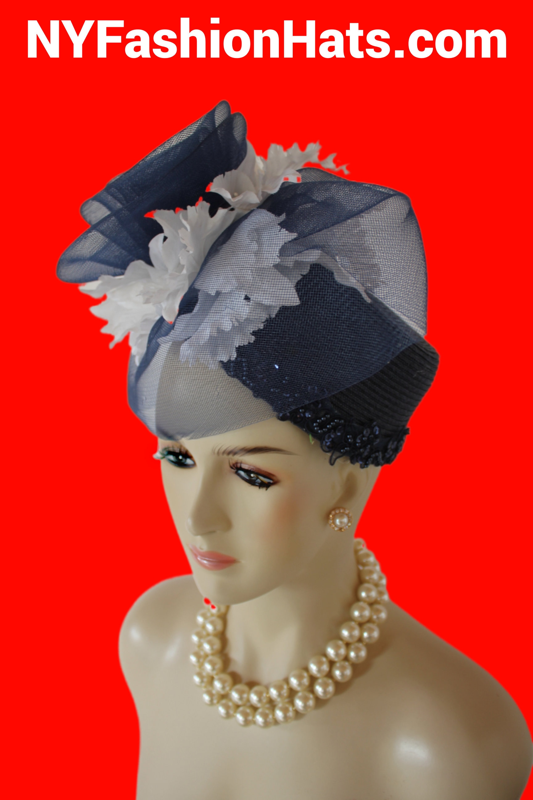 Navy Blue White Haute Couture Pillbox Hat, Formal Wedding Dress Church ...