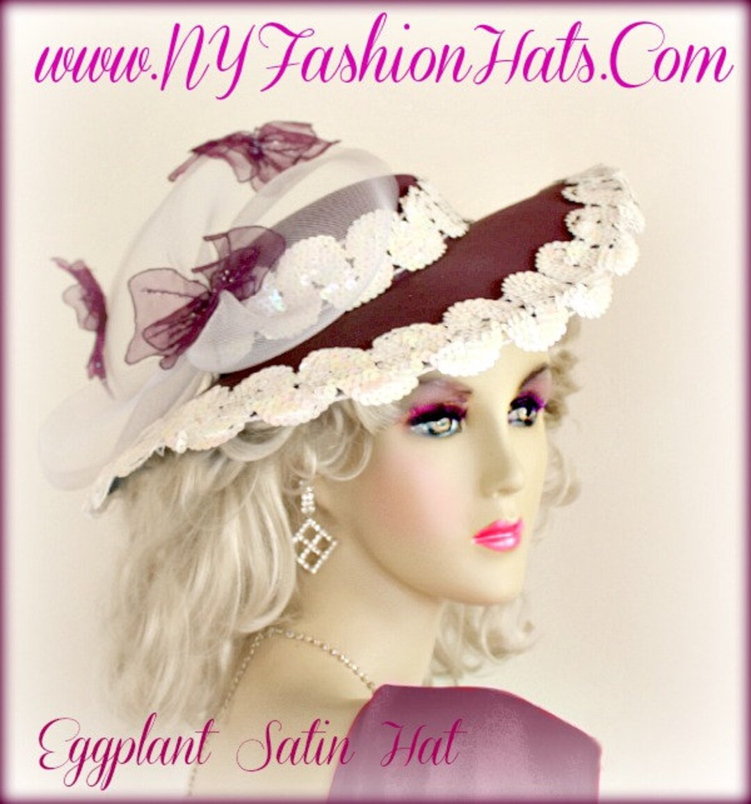 Ladies Eggplant Purple Satin Hat Butterflies Fashion Tea Designer Hats ...