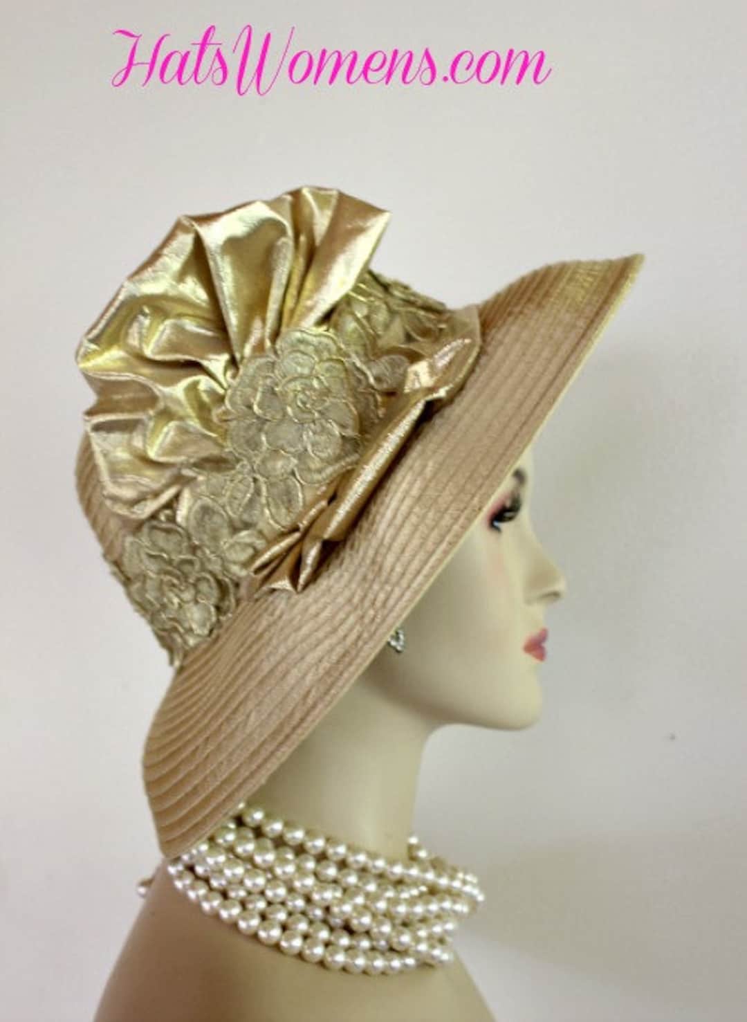 Antique Metallic Gold Satin Designer Fashion Women's Hat Church Wedding ...
