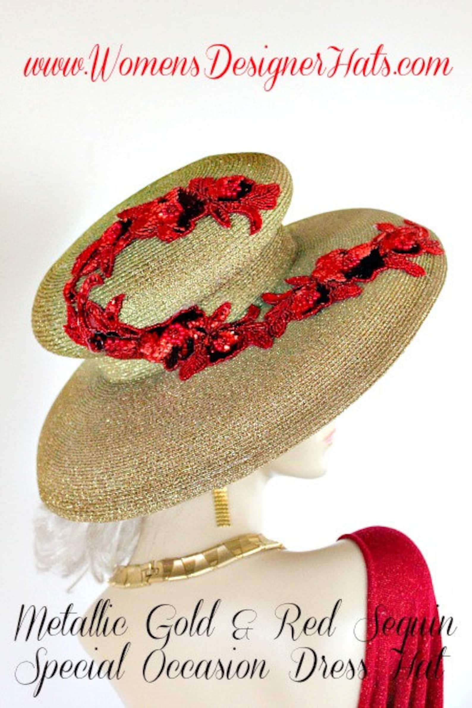 Haute Couture Formal Hat for Women, Metallic Gold Red Designer Women's ...