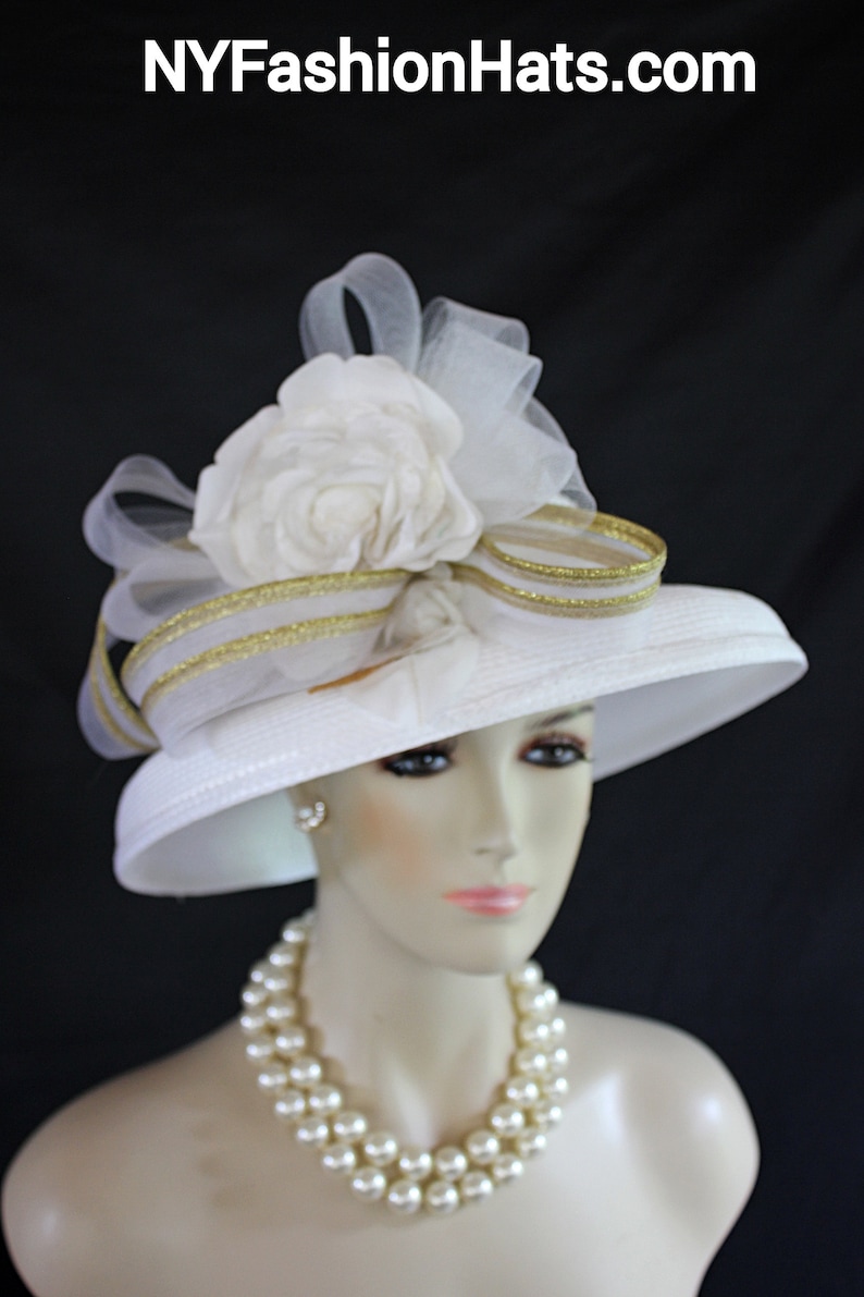 White Metallic Gold Large Brim Dress Hat, Avant Garde Formal Wedding ...