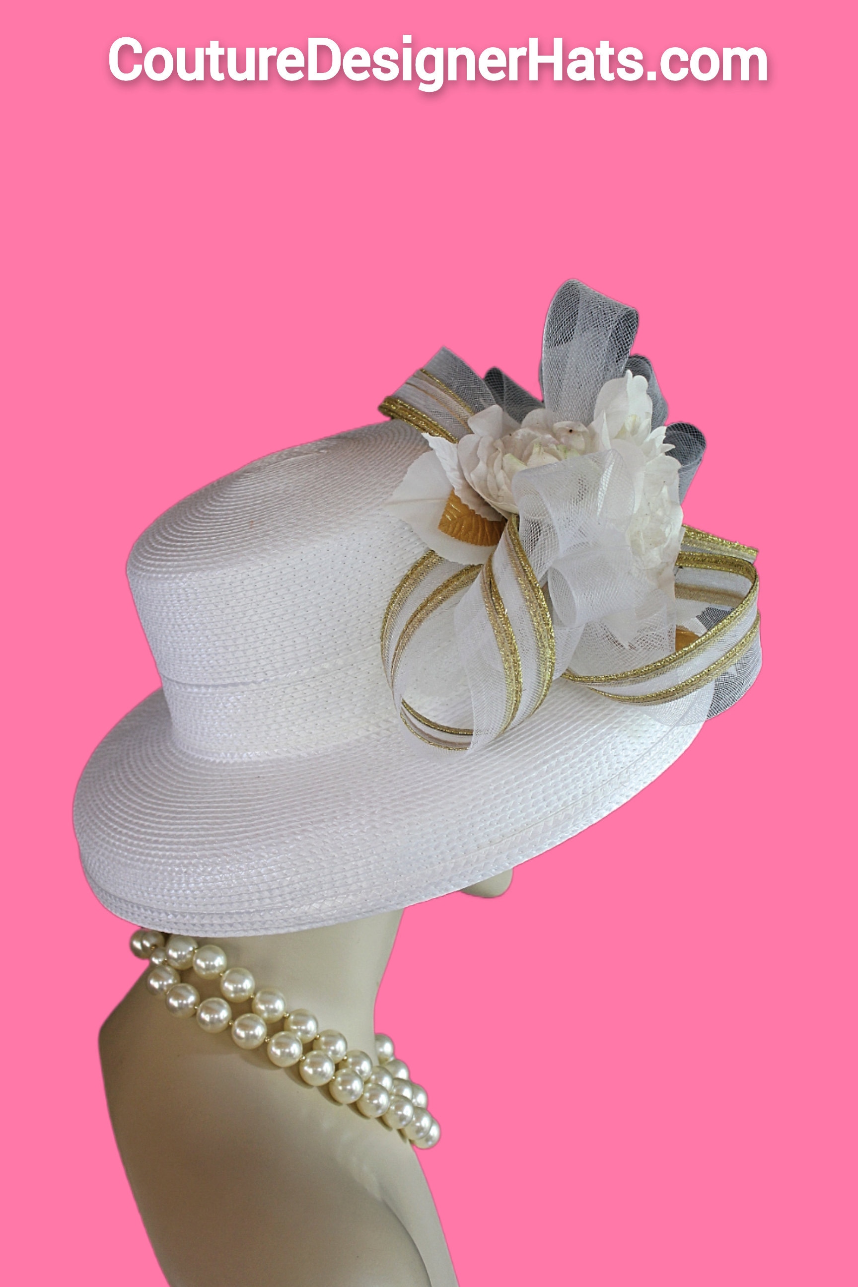 White Metallic Gold Large Brim Dress Hat, Avant Garde Formal Wedding ...