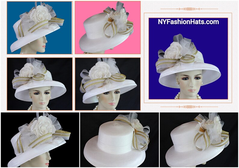 White Metallic Gold Large Brim Dress Hat, Avant Garde Formal Wedding ...